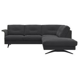 Ecksofa FLEXLUX "Glow, super bequem durch hochwertigem Sitzaufbau mit Federkern, L-Form" Sofas Gr. B/H/T: 236cm x 81cm x 224cm, Lederoptik, Ottomane links, Armlehnen in geölter Eiche, grau (shark grey) Modernes skandinavisches Design