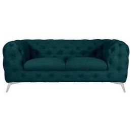 Chesterfield-Sofa LEONIQUE "Glynis" Sofas Gr. B/H/T: 185cm x 75cm x 99cm, Struktur, Fußfarbe chromfarben, blau (petrol) aufwändige Knopfheftung, moderne Chesterfield Optik, Fußfarbe wählbar