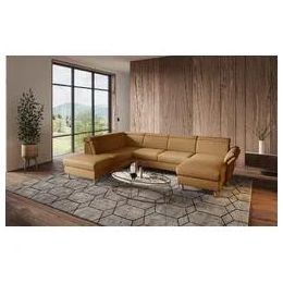 Wohnlandschaft Home Affaire "Calypso U-Form" Sofas Gr. B/H/T: 334cm x 85cm x 227cm, Luxus-Microfaser, Ottomane links, mit Kopfteilverstellung-mit Armteilverstellung-mit Bett-mit Bettkasten-ohne Relax motorisch-ohne Stauraum, gelb (dijon) wahlweise mit motorischer Relaxfunktion