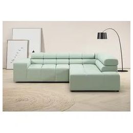 Ecksofa Inosign "Ancona, incl. Kopfteilverstellung + 3 Zierkissen L-Form" Sofas Gr. B/H/T: 249cm x 70cm x 215cm, Velours, Recamiere rechts, Element links mit Sitztiefenverstellung, grün (mint) wahlweise motorische Sitztiefenverstellung, BT(H: 24921570 cm