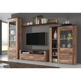 Wohnwand Home Affaire "Larona, Anbauwand, Set 4 Teilig" Kastenmöbel-Sets braun (satin nussbaumfarben, darkwood) bestehend aus 1 TV-Board, Highboard, Vitrine, Wandregal