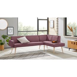 Eckbank exxpo - SOFA FASHION "Lungo, moderne Kedernaht, bequem und elegant, hoher Holzfuß" Sitzbänke Gr. B/H/T: 158 cm x 84 cm x 239 cm, Veloursstoff, langer Schenkel links, lila hochwertige Detailverarbeitung, frei im Raum stellbar