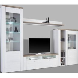 Wohnwand Home Affaire "Larona, Anbauwand, Set 4 Teilig" Kastenmöbel-Sets weiß (sibiu weiß, eichefarben sägerau dunkel) bestehend aus 1 TV-Board, Highboard, Vitrine, Wandregal