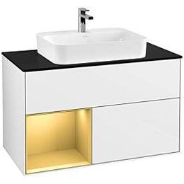 Villeroy & Boch Villeroy und Boch Finion Waschtischunterschrank G362HFGF 100cm, Abdeckplatte black matt, Emotion, Regal links Gold matt, Glossy white lacquer