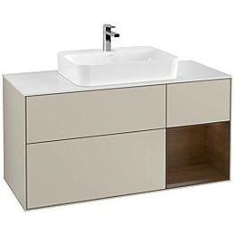 Villeroy & Boch Villeroy und Boch Finion Waschtischunterschrank F421GNHH 120cm, Abdeckplatte white matt, Regal rechts Walnut veneer, Sand Matt Lacquer