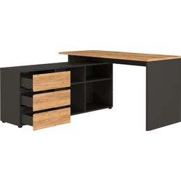 Eckschreibtisch Germania "GW-Lissabon Winkelschreibtisch" Tische Gr. B/H/T: 145 cm x 76 cm x 60 cm, braun (graphit, navarra, eiche, nachbildung, graphit, nachbildung) mit integriertem Sideboard, rechts oder links montierbar