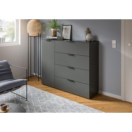 Kommode Inosign "Raio, Breite 135 cm, 1 Tür, 4 Schubkästen, Oberboden mit Glasplatte" Sideboards Gr. B/H/T: 135 cm x 112 cm x 40 cm, schwarz (anthrazit nachbildung) Anrichte, Sideboard, Highboard, Schrank