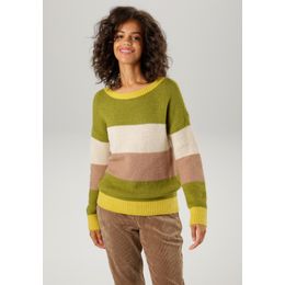 Strickpullover Aniston CASUAL Gr. 34, grün (mais, moosgrün, beige, camelfarben) Damen Pullover mit trendfarbenen, breiten Ringeln - NEUE KOLLEKTION