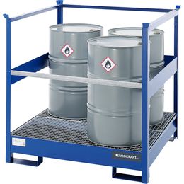 eurokraft pro Fass-Auffangwanne für Transport und Lagerung, Rücken- und Seiten-Stahlrahmen offen, stapelbar, für 4 Fässer, blau