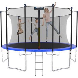 KINETIC SPORTS Trampolin Outdoor SALTO Ø 183/244/305/366/400/430/490 cm -TÜV Rheinland geprüft, Kindertrampolin Set mit Netz, Randpolster, USA Sprungtuch - Gartentrampolin, bis zu 160kg Blau Ø 400 cm Ø 400 cm, Blau