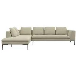 Ecksofa FLEXLUX "Loano, superbequemer Sitzkomfort durch Kaltschaum im Sitz, L-Form" Sofas Gr. B/H/T: 319cm x 86cm x 230cm, Chenille, lange Ottomane links, beige (sandy beige) modernes Sofa, frei im Raum stellbar, lose Kissen, hoher Fuß