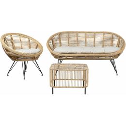 Beliani 3-Sitzer Lounge Set Natürlich Rattan 3-Teilig Gartensofa Gartenstuhl Couchtisch mit Schwarzem Metallgestell Auflagen Hellbeige Boho Outdoor