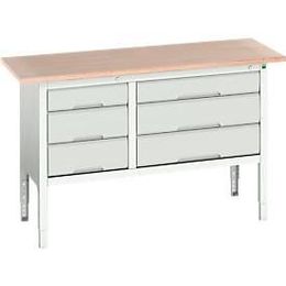 Kastenwerkbank Bott verso, mit Multiplex-Platte, 6 Schubladen, B 1500 x T 600 x H 830 - 930 mm, Lichtgrau RAL 7035