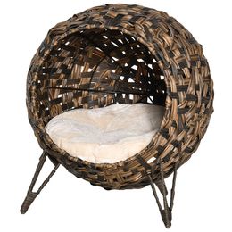 PawHut Katzenhaus aus Rattan mit Kissen Katzenschlafplatz Katzenhöhle mit erhöhten Füßen Braun Ø52 x 58 cm