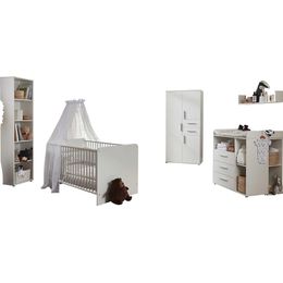 Babyzimmer-Komplettset BMG MÖBEL "Lea" Schlafzimmermöbel-Sets Gr. Ohne Umbauseiten-Set + ohne Matratze, weiß Baby Bett + Wickelkommode 3-trg. Schrank Standregal Wandboard