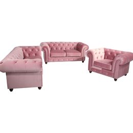 Polstergarnitur Max Winzer "Old England Chesterfield, hochwertig und elegant" Sitzmöbel-Sets Gr. H/T: 76cm x 96cm, Samtvelours 20442, rosa (rosé) mit edler Knopfheftung, 3-tlg.