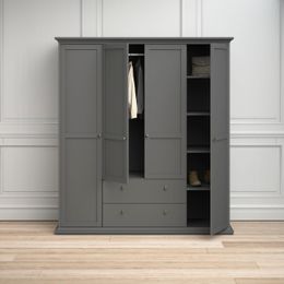 Kleiderschrank Home Affaire "Paris Drehtürenschrank, Aufbewahrung Kasten Schrank Stauraum", grau (matt grau), B:181,5cm H:200,5cm T:60,5cm, MDF, Schränke, Drehtürenschrank Kleiderschrank, mit 4 Türen, 11 Facher, Kleiderstange, 2 Schubladen, Breite 181 cm