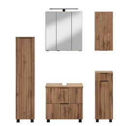 Badmöbel-Set Welltime ""Trento", Badezimmer-Set, Hängeschrank, Unterschrank, Midischrank" Kastenmöbel-Sets Gr. B/H/T: 120 cm x 200 cm x 35 cm, braun (wotaneiche rille) Waschbeckenunterschrank, Spiegelschrank inkl. Aufbauleuchte