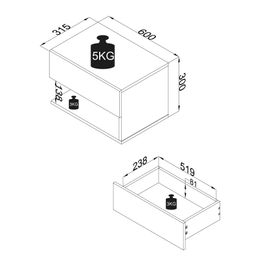 Vcm Nachtschrank Wandschublade Wandboard Nachttisch Ma&szlig;e ca. H. 30 x B. 60 x T. 32 cm - Usal XL 60 cm