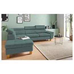 Ecksofa exxpo - SOFA FASHION "Enya, aufwendige Detailverarbeitung, hoher Sitzkomfort, bequem, L-Form" Sofas Gr. B/H/T: 266cm x 79cm x 232cm, Webvelours, Ottomane links, ohne Bettfunktion-ohne Bettkasten, blau (aqua) mit Kopfteilverstellung, wahlweise Bettfunktion u. Bettkasten