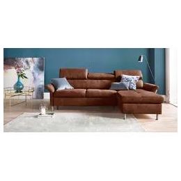 Ecksofa exxpo - SOFA FASHION "Maretto, bequem und komfortabel, L-Form" Sofas Gr. B/H/T: 257cm x 96cm x 167cm, Luxus-Microfaser, Recamiere rechts, ohne Bettfunktion, braun (cognac) inkl. Kopf- bzw. Rückenverstellung, wahlweise mit Bettfunktion