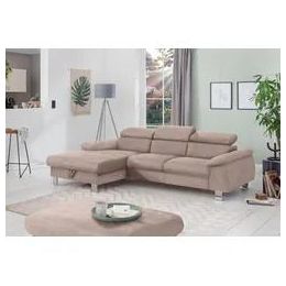 Ecksofa COTTA "Komaris L-Form", braun (mud), B:244cm H:72cm T:166cm, Microfaser PRIMABELLE (100% Polyester), Kunstleder SOFTLUX(100%Polyurethan), Feinstruktur (100% Polyester), Kunstleder SOFTLUX/Struktur (100%Polyurethan, 90%Polyester, 10% Polyacryl), Sofas, mit Kopfteilverstellung, wahlweise Bettfunktion,Stauraum & Beleuchtung, Topseller