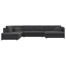 Wohnlandschaft FLEXLUX "Lovane, U-Form, bequem und komfortabel" Sofas Gr. B/H/T: 400cm x 84cm x 272cm, Lederoptik, langer Schenkel links, grau (shark grey) Weich & anschmiegsam, große Sitztiefe auf Kaltschaum, Dekokissen inkl.