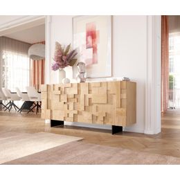 DeLife Sideboard Puzzle 175 cm Eiche Natur 3 Türen Fuß schwebend Metall Schwarz, Sideboards