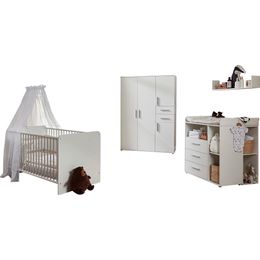 Babyzimmer-Komplettset BMG MÖBEL "Lea" Schlafzimmermöbel-Sets Gr. Ohne Umbauseiten-Set + ohne Matratze, weiß Baby Bett + Wickelkommode 2x Unterbauregal 4-trg. Schrank Wandboard