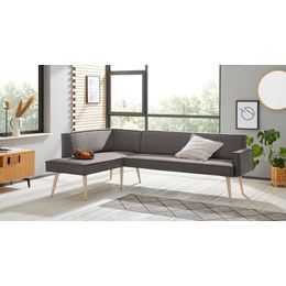 Eckbank exxpo - SOFA FASHION "Lungo, moderne Kedernaht, bequem und elegant, hoher Holzfuß" Sitzbänke Gr. B/H/T: 158 cm x 84 cm x 239 cm, Webstoff, langer Schenkel rechts, grau (grey melange) hochwertige Detailverarbeitung, frei im Raum stellbar