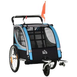 HOMCOM 2 in 1 Kinderfahrradanhänger, Kinderanhänger mit Federung, Blau+Schwarz