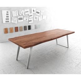 DeLife Esstisch Edge 260x100cm XL Akazie Braun Edelstahl Silber schräg Live-Edge, Esstische, Baumkantenmöbel, Massivholzmöbel, Massivholz