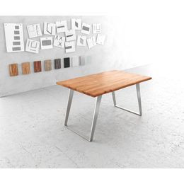 DeLife Esstisch Edge 140x90cm Akazie Natur Edelstahl Silber schräg Live-Edge, Esstische, Baumkantenmöbel, Massivholzmöbel, Massivholz