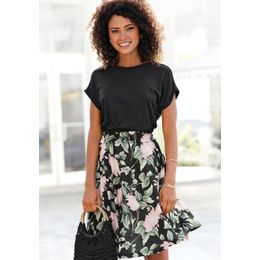 Jerseykleid Buffalo Gr. 40, N-Gr, bunt (schwarz, rosa, bedruckt) Damen Kleider mit Paperbag-Bund und bedrucktem Rock, kurzes Sommerkleid, Strandkleid