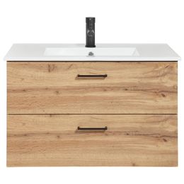 Waschtisch Welltime "Trento Badezimmerschrank mit Becken Bestseller" Waschtische Gr. Becken weiß eckig, braun (wotaneiche, wotaneiche) Badmöbel in Breite 80 cm , Waschplatz mit 2 Schubladen, Badschrank