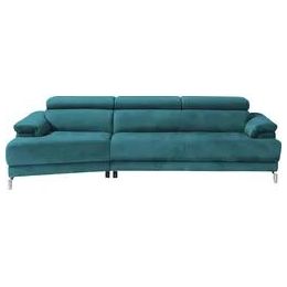 Ecksofa Egoitaliano "Soul, extravagantes Designsofa, Megasofa, super bequem, tolle Details" Sofas Gr. B/H/T: 246cm x 99cm x 140cm, Luxus-Microfaser BLUSH, Recamiere links, blau (teal) mit Trapez-Abschlußelement, inkl verstellbarer Kopfteile