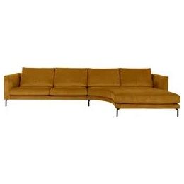 Ecksofa furninova "Designpolsterecke mit erstklassigem Sitzkomfort" Sofas Gr. B/H/T: 371cm x 80cm x 177cm, Velours, Recamiere rechts, ohne Bettfunktion, gelb (mustard) mit abgerundetem Longchair, im skandinavischen Design