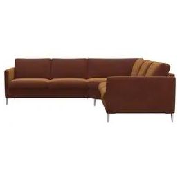 Ecksofa FLEXLUX "Fiore, gleichschenklig, bequem durch hochwertigem Sitzaufbau" Sofas Gr. B/H/T: 249cm x 85cm x 92cm, Velvet, Schenkel links, braun (cognac) schmale Armlehnen, super Sitzkomfort durch Kaltschaum, Füße Alu