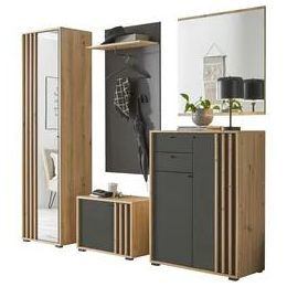 HBZ-MEBLE Garderoben-Set HBZ "5-tlg. Eiche MDF Stripes Flurgarderobe Stellmaß BxHxT 230x196x38 cm" Kastenmöbel-Sets Gr. B/H/T: 230cm x 196cm x 38cm, schwarz (artisan eiche/schwarz) Mit Schuhkommode, Hochschrank, Bank, Paneel, Spiegel