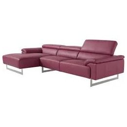 Ecksofa Egoitaliano "Malika, L-Form" Sofas Gr. B/H/T: 287cm x 94cm x 165cm, Leder NUVOLE, Recamiere links, mit Kopfteilverstellung, lila (violett) mit Recamiere, inkl. Kopfteilverstellung und chromfarbenen Metallfüßen