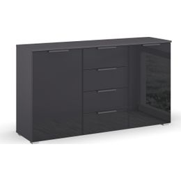 Kommode Rauch "Koluna" Sideboards Gr. B/H/T: 140 cm x 81,0 cm x 42,0 cm, 4 St., grau (graumetallic, glas basalt) mit Glasfront, 4 Schubkästen, inkl. 3er-Set Filzboxen