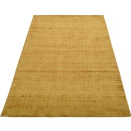 Teppich LEONIQUE "Soley, Kurzflor-Teppiche, handgewebter Viskose-Teppich" Teppiche Gr. B/L: 240 cm x 320 cm, 12 mm, 1 St., goldfarben farblich changierend, Handweb, Wohnzimmer, Schlafzimmer, Esszimmer