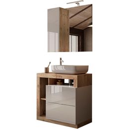 Badmöbel-Set Welltime "Hamburg, Badezimmerset 2tlg. Breite 79 cm, Badmöbel, Waschtisch inkl.", braun (weiß, eiche cadiz nb), B:79cm H:190cm T:49cm, Kastenmöbel-Sets, Waschbecken, Spiegelschrank mit LED Aufbauleuchte, Soft-Close-Funktion
