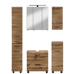 Badmöbel-Set Welltime ""Trento", Badezimmer-Set, Hängeschrank, Unterschrank, Hochschrank" Kastenmöbel-Sets Gr. B/H/T: 120 cm x 200 cm x 35 cm, braun (wotaneiche, wotaneiche, baumkante) Waschbeckenunterschrank, Spiegelschrank inkl. Aufbauleuchte