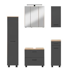 Badmöbel-Set Welltime ""Trento", Badezimmer-Set, Hängeschrank, Unterschrank, Midischrank" Kastenmöbel-Sets Gr. B/H/T: 120 cm x 200 cm x 35 cm, grau (matt grau, wotaneiche) Waschbeckenunterschrank, Spiegelschrank inkl. Aufbauleuchte