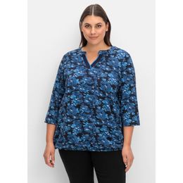 sheego 3/4-Arm-Shirt mit floralem Alloverdruck, tiefblau gemustert, Gr.40/42