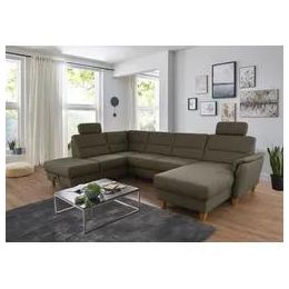 Wohnlandschaft Home Affaire "Palmera U-Form" Sofas Gr. B/H/T: 308 cm x 89 cm x 212 cm, Struktur weich, Ottomane links, mit Bettfunktion-ohne Bettkasten, grün (oliv) Federkern, wahlweise mit Bettfunktion und mitohne Stauraum