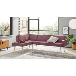 Eckbank exxpo - SOFA FASHION "Lungo, moderne Kedernaht, bequem und elegant, hoher Holzfuß" Sitzbänke Gr. B/H/T: 158cm x 84cm x 239cm, Veloursstoff, langer Schenkel rechts, lila hochwertige Detailverarbeitung, frei im Raum stellbar