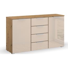 Kommode Rauch "Koluna" Sideboards Gr. B/H/T: 140 cm x 81,0 cm x 42,0 cm, 4, beige (eiche artisan, glas champagner) mit Glasfront, 4 Schubkästen, inkl. 3er-Set Filzboxen