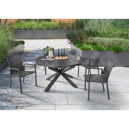 Garten-Essgruppe Destiny "COSTA ARONA" Sitzmöbel-Sets Gr. ausziehbare Tischplatte, grau (anthrazit) (Set, 5-tlg., 4 Sessel, 1 Tisch ausziehbar Ø 120170x75cm) Aluminium